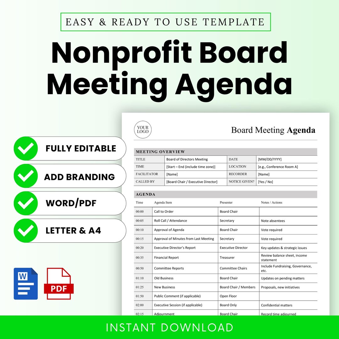 Nonprofit Board Meeting Agenda Template – Word & PDF, A4 + US Letter - Etsy
