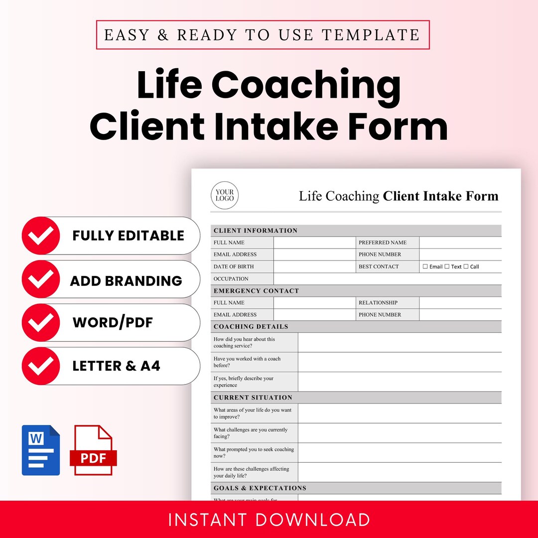 Life Coaching Client Intake Form Template – Word & PDF, A4 + US Letter ...