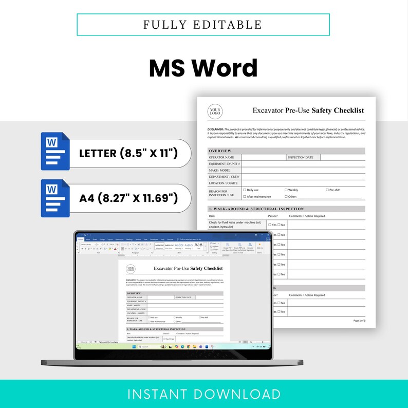 Excavator Pre-use Safety Checklist Template – Word & PDF, A4 + US ...