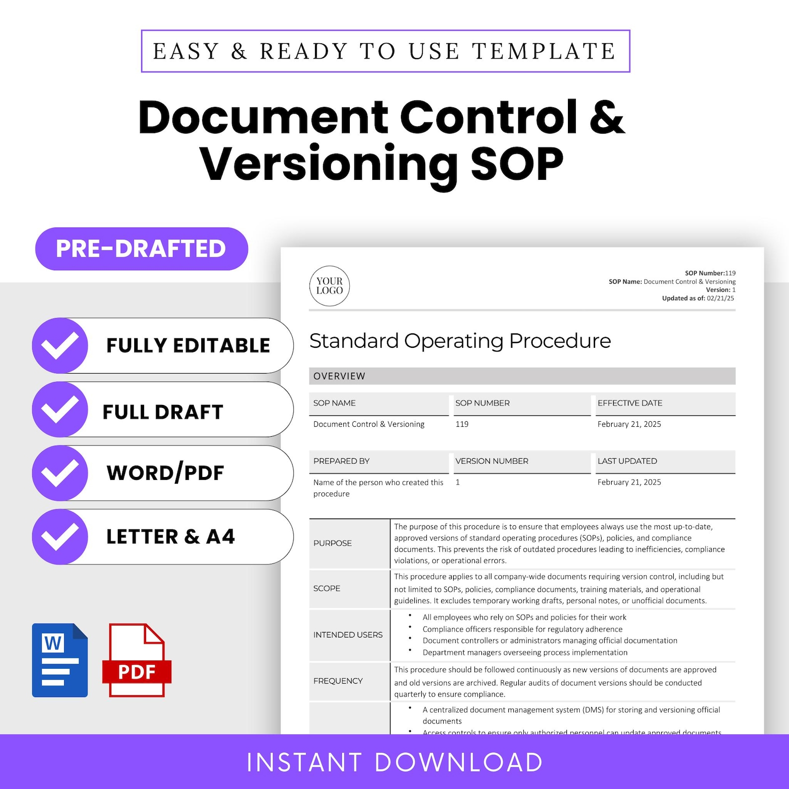 Document Control & Versioning SOP Template (word, PDF) | Simple ...