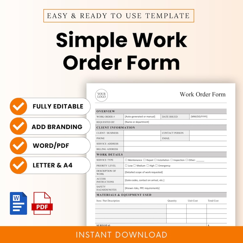 Simple Work Order Form Template - Word & PDF, A4 + US Letter - Etsy