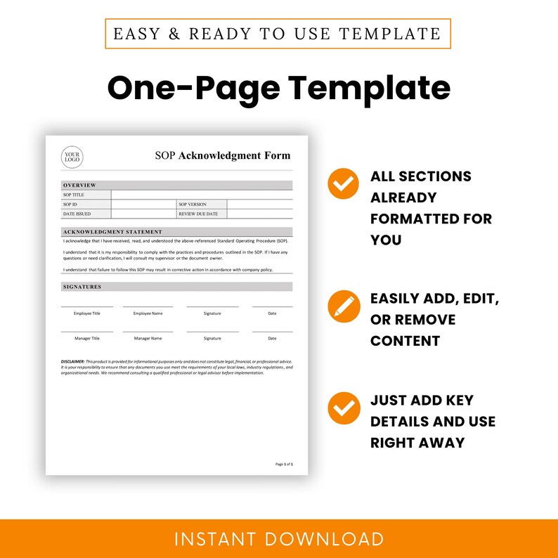 SOP Acknowledgment Form Template – Word & PDF, A4 + US Letter - Etsy