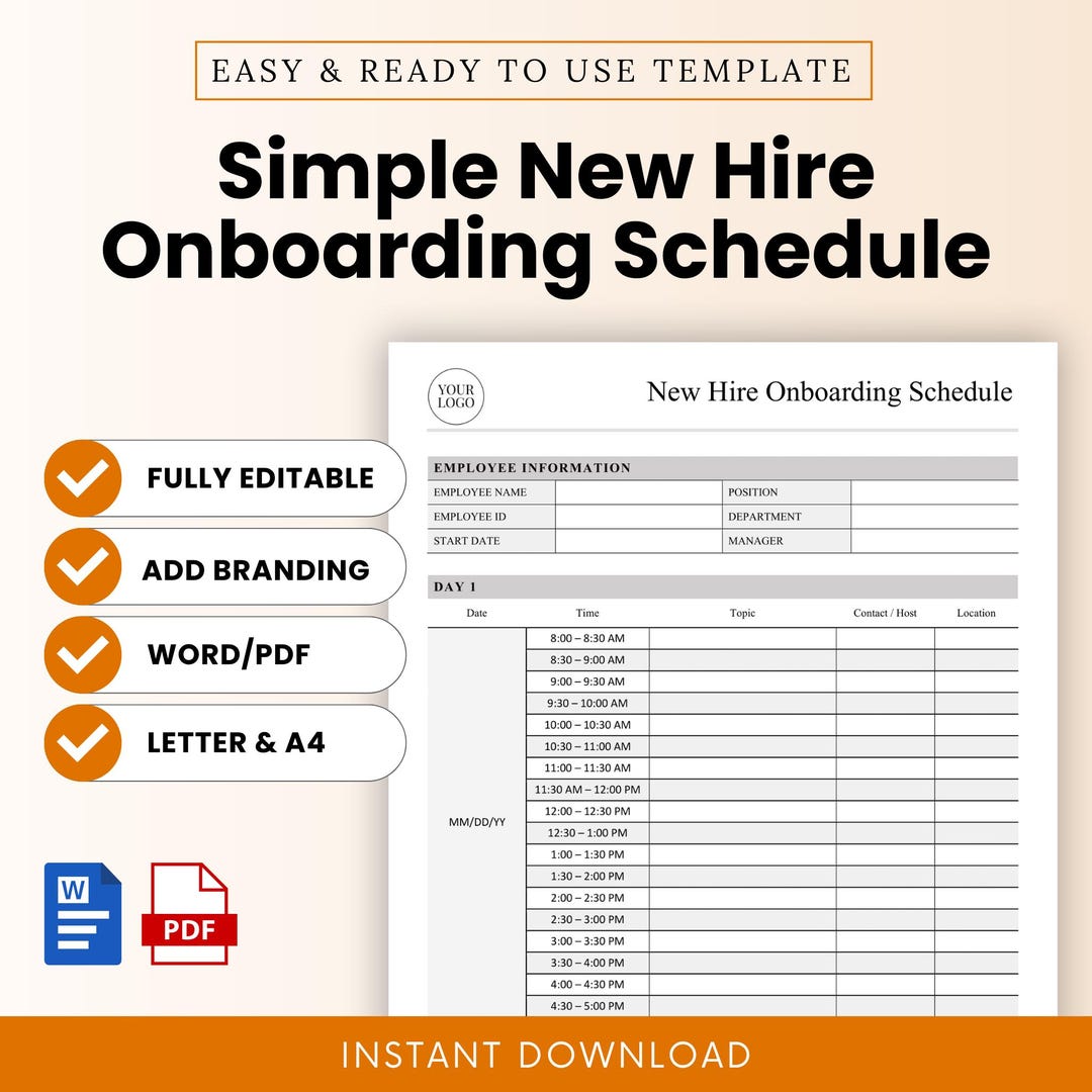 Simple New Hire Onboarding Schedule Template (word, PDF) | HR Template ...