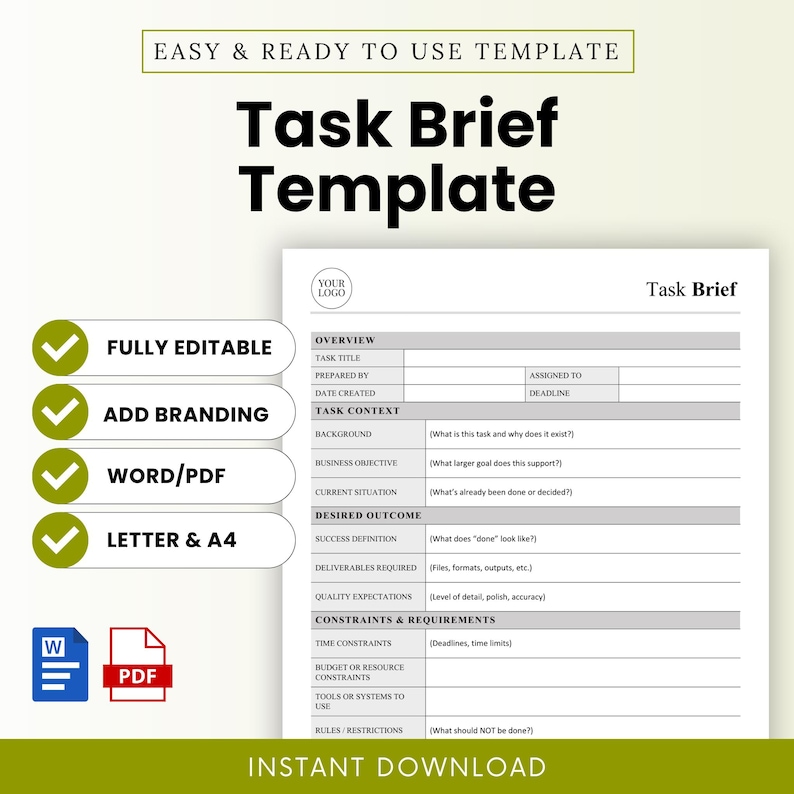 Task Brief Template – Word & PDF, A4 + US Letter - Etsy