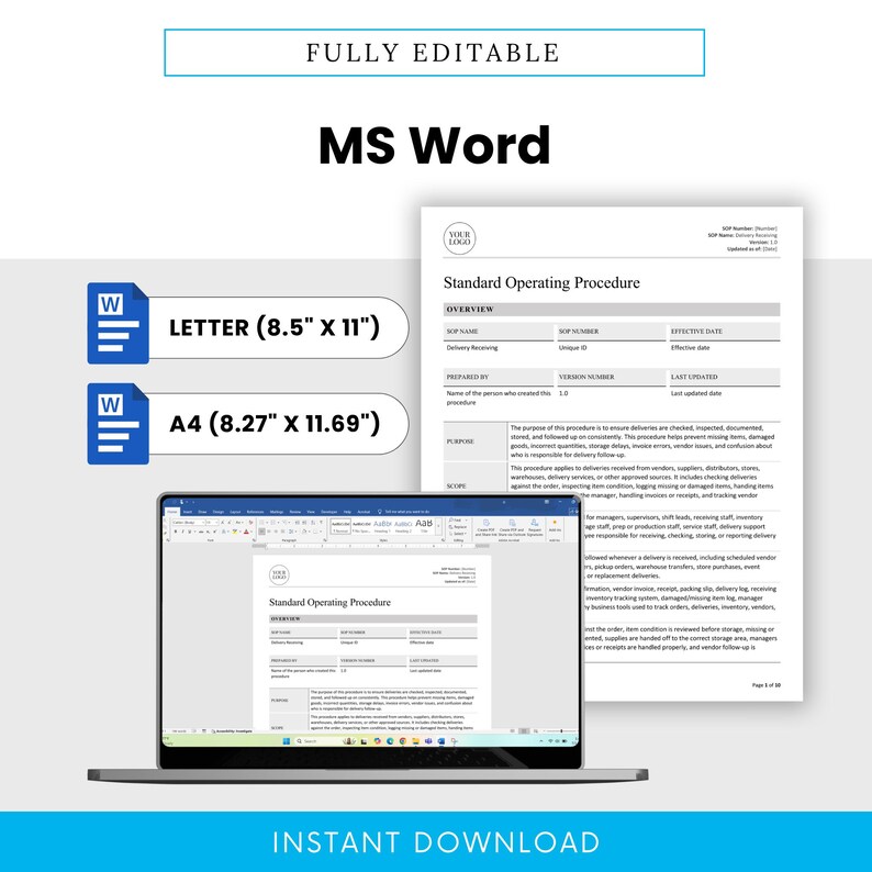 Food Truck Delivery Receiving SOP Template – Word & PDF, A4 + US Letter ...