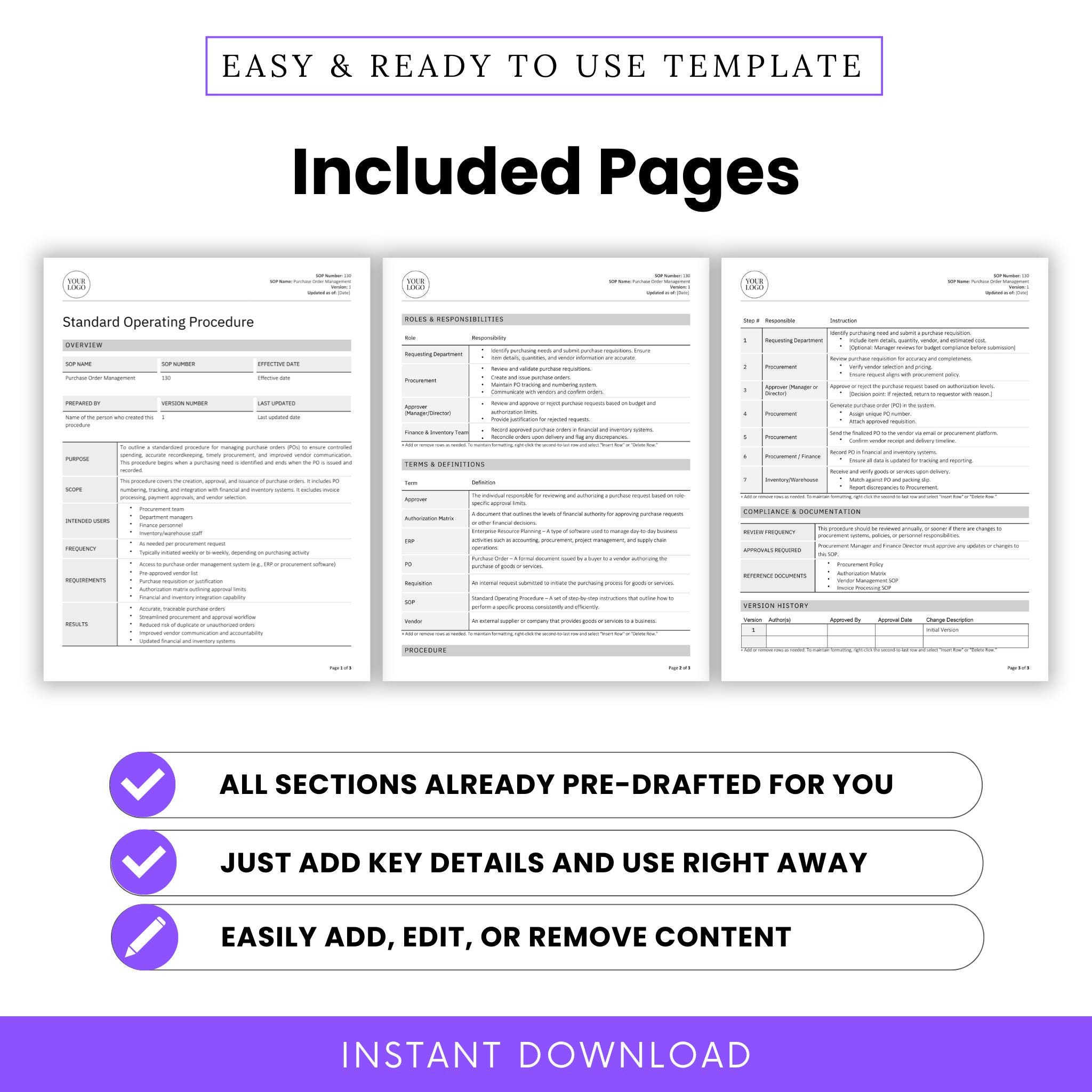 Purchase Order Management SOP Template (word, PDF) | Simple Standard ...