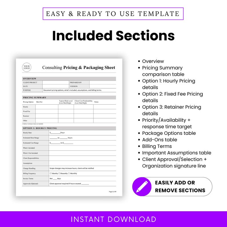 Consulting Pricing and Packaging Sheet Template – Word & PDF, A4 + US ...