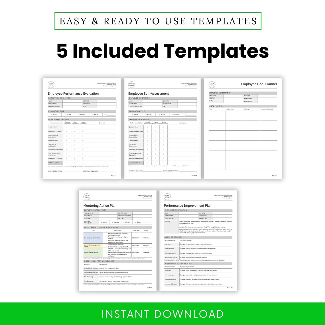 Employee Performance Templates Bundle (word & PDF) | Simple Performance ...