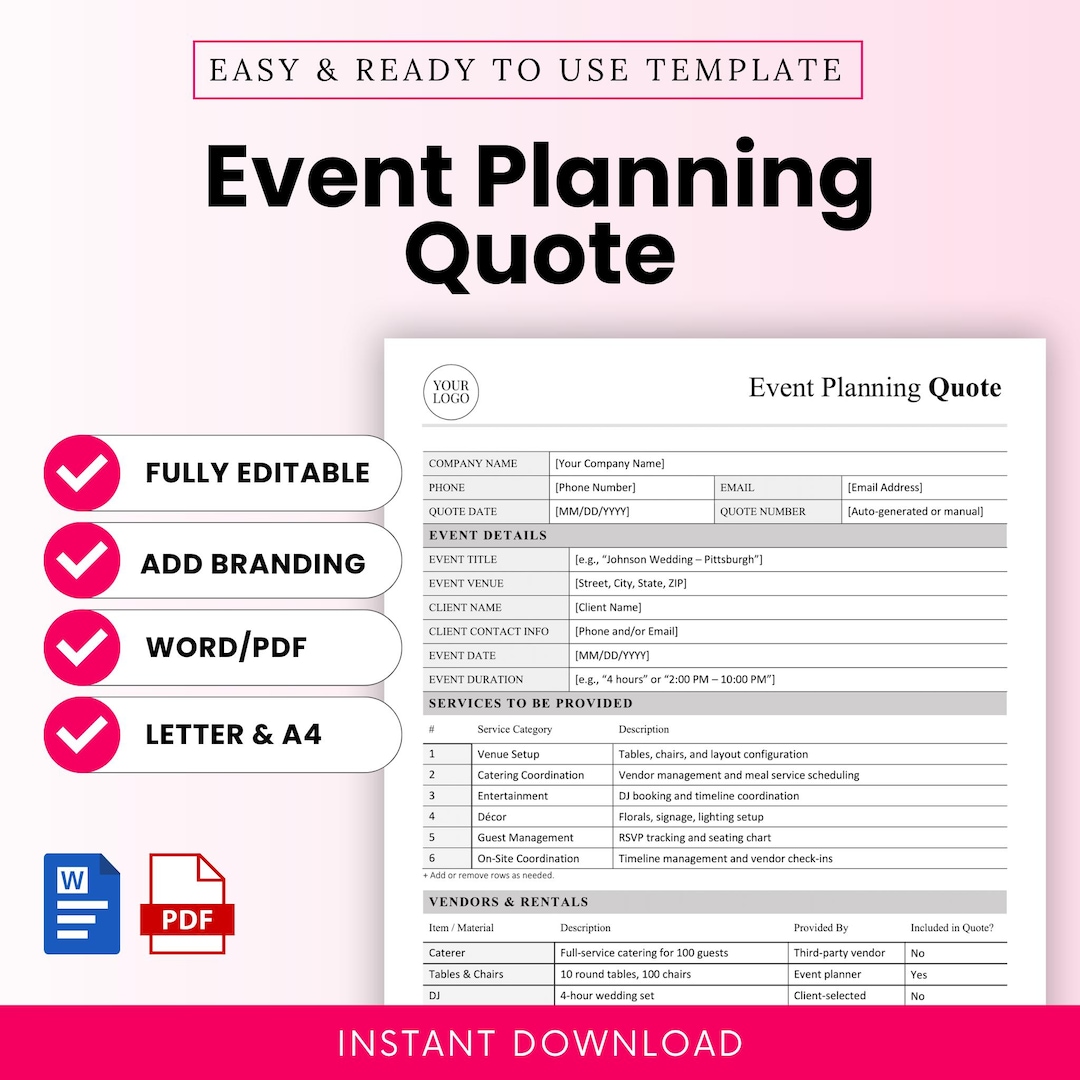 Event Planning Quote Template – Word & PDF, A4 + US Letter - Etsy