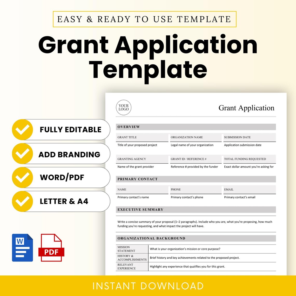 Simple Grant Application Template (word, PDF) | Nonprofits & Small ...