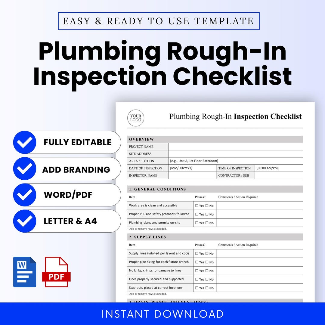 Plumbing Rough-in Inspection Checklist Template – Word & PDF, A4 + US ...