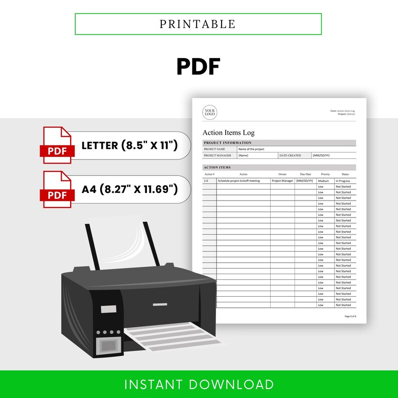 Simple Action Items Log Template (word, PDF) | Project Task Tracker ...