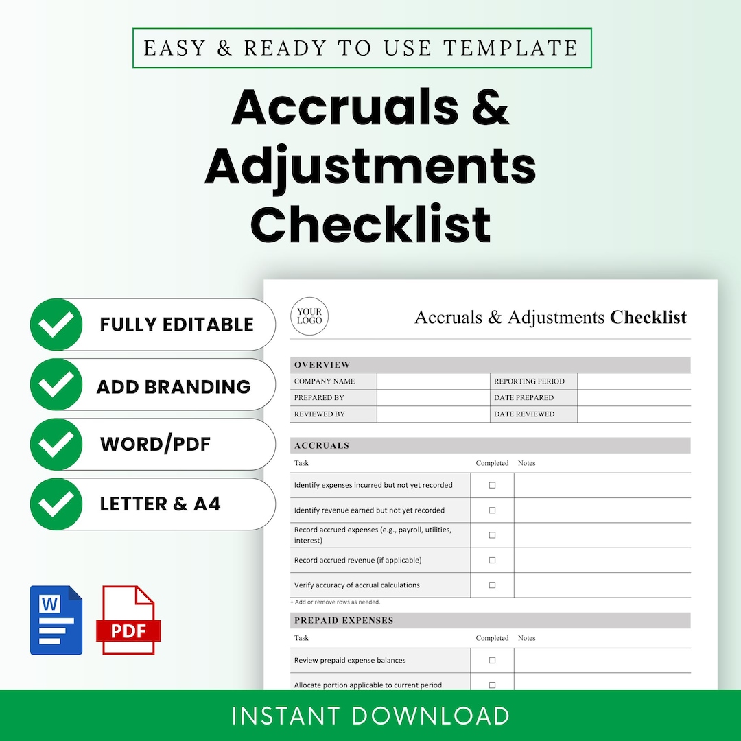 Accruals and Adjustments Checklist Template – Word & PDF, A4 + US ...