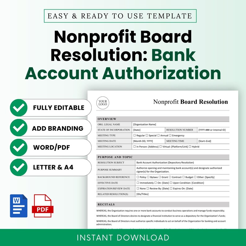 Nonprofit Board Resolution Template: Bank Account Authorization ...