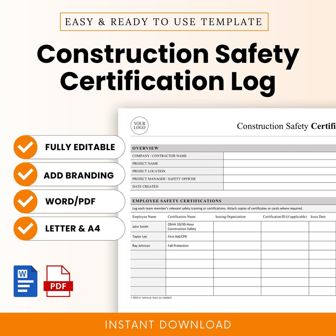 Construction Safety Certification Log Template – Word & PDF, A4 + US ...