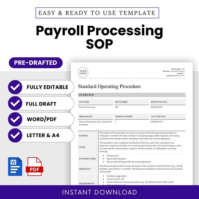 Payroll Processing SOP Template (word, PDF) | Simple Standard Operating ...