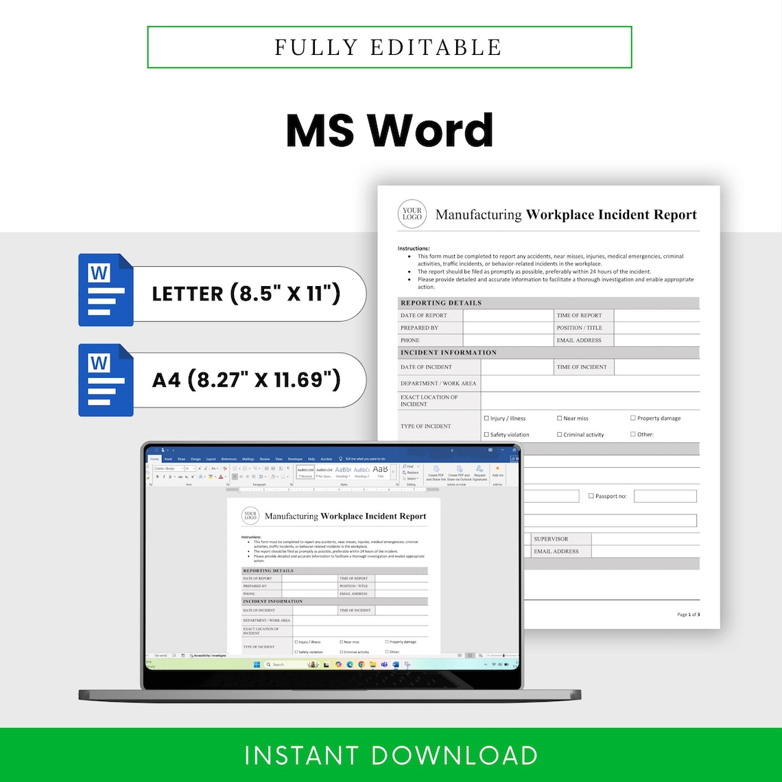 Manufacturing Incident Report Form (word, PDF) | Workplace Incident ...
