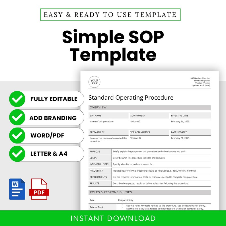 Simple SOP Template (word, PDF) | Standard Operating Procedure Template ...