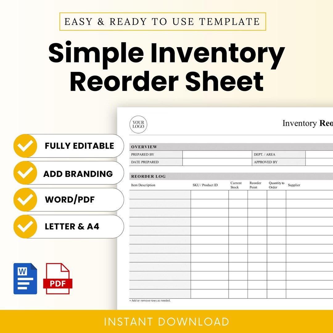 Simple Inventory Reorder Sheet Template – Word & PDF, A4 + US Letter - Etsy