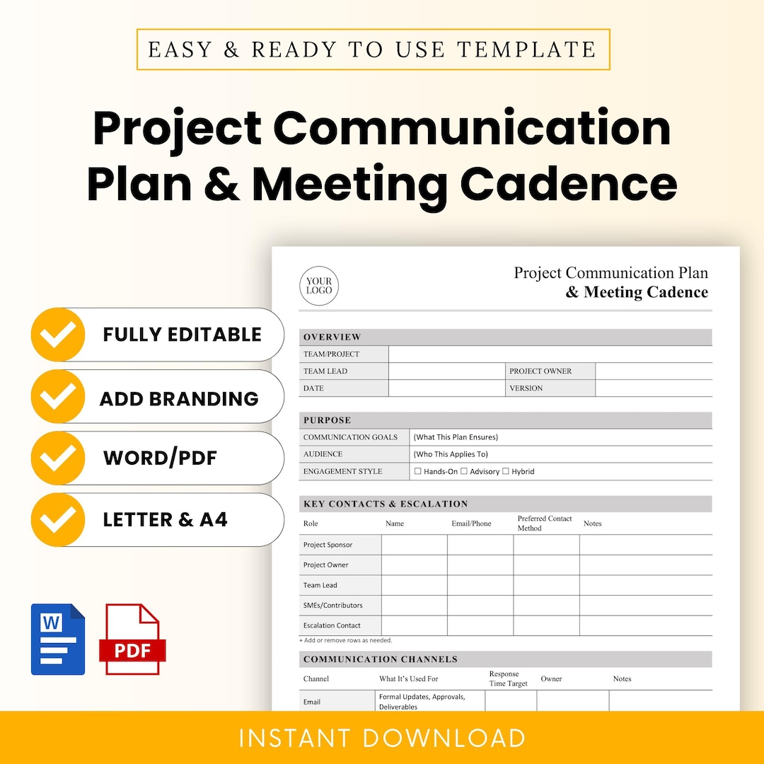 Project Communication Plan and Meeting Cadence Template – Word & PDF ...