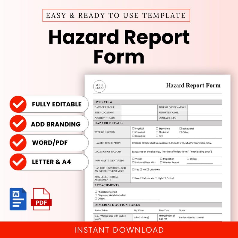 Hazard Report Form Template – Word & PDF, A4 + US Letter - Etsy