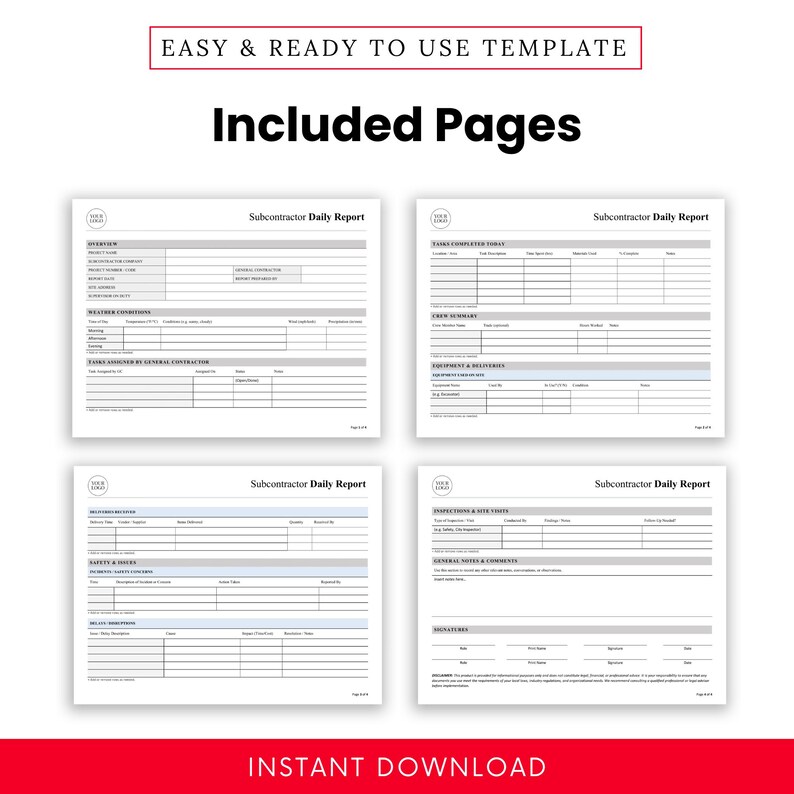 Construction Subcontractor Daily Report Template – Word & PDF, A4 + US ...