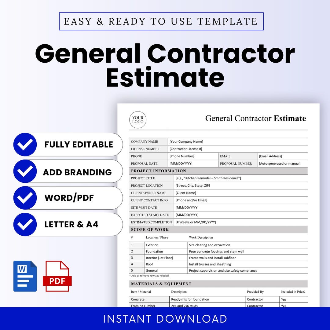 General Contractor Estimate Template – Word & PDF, A4 + US Letter - Etsy