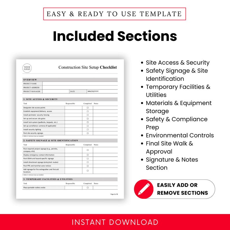 Construction Site Setup Checklist Template – Word & PDF, A4 + US Letter ...