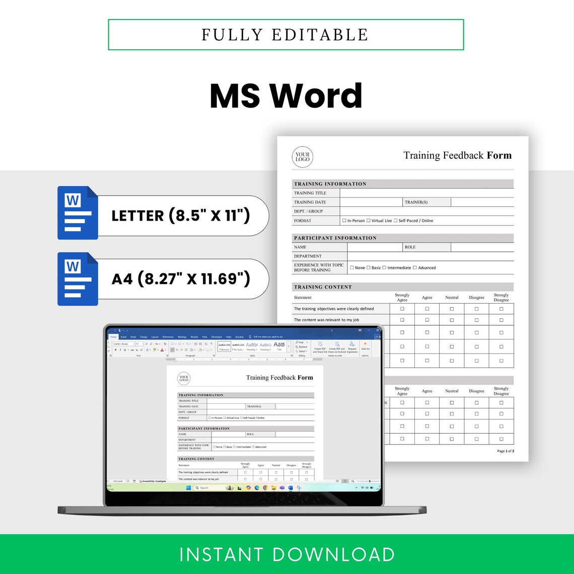 Simple Training Feedback Form Template – Word & PDF, A4 + US Letter - Etsy