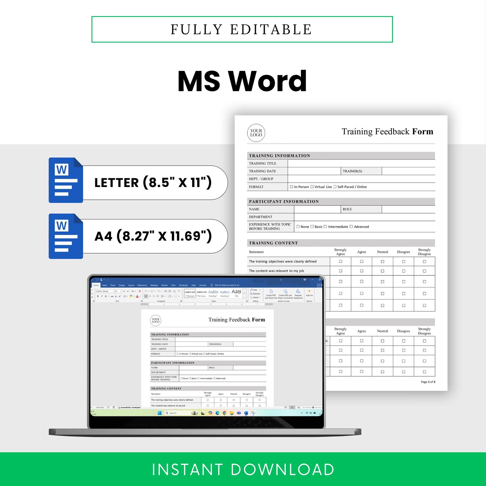 Simple Training Feedback Form Template – Word & PDF, A4 + US Letter - Etsy