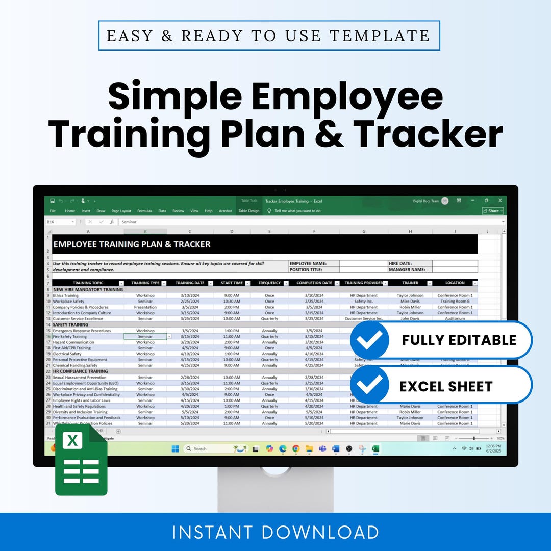 Simple Employee Training Plan & Tracker Template (MS Excel, Google ...