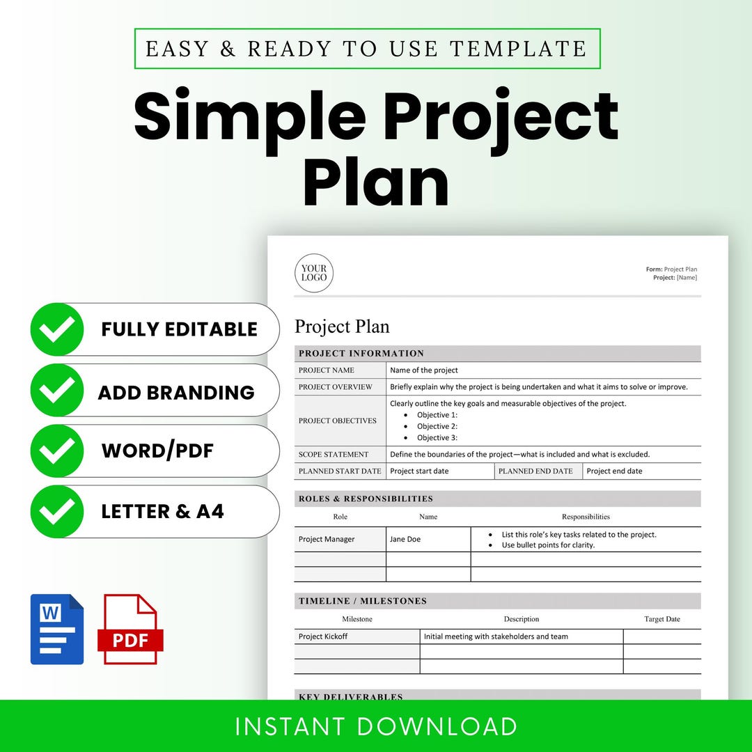 Simple Project Plan Template (word, PDF) | Project Management Template ...