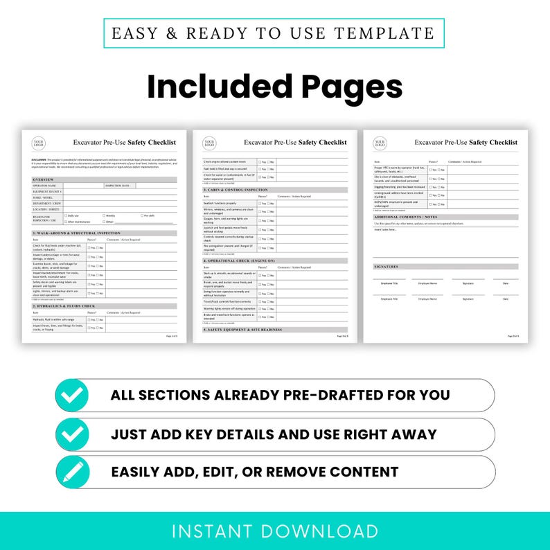 Excavator Pre-use Safety Checklist Template – Word & PDF, A4 + US ...