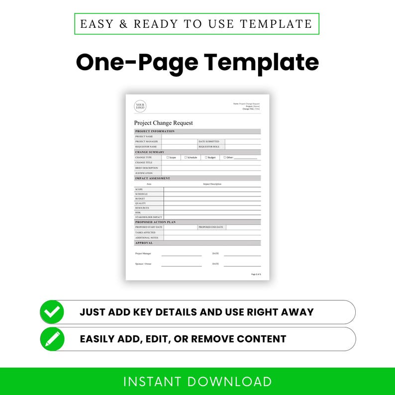 Simple Project Change Request Template (word, PDF) | Project Management ...