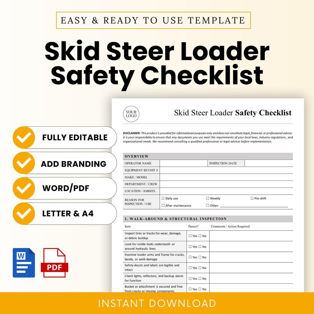 Skid Steer Loader Safety Checklist Template – Word & PDF, A4 + US ...