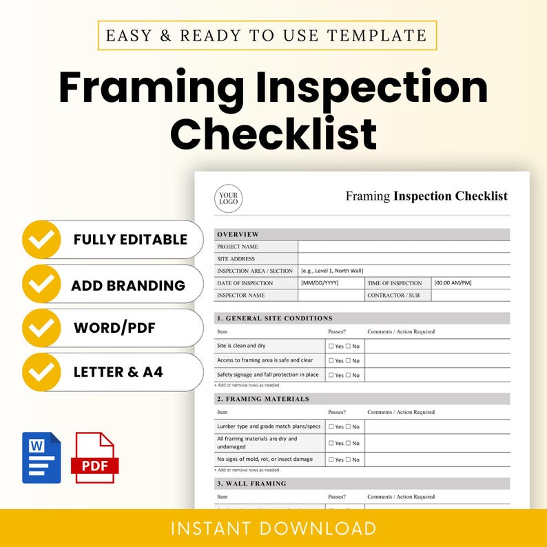 Framing Inspection Checklist Template – Word & PDF, A4 + US Letter - Etsy