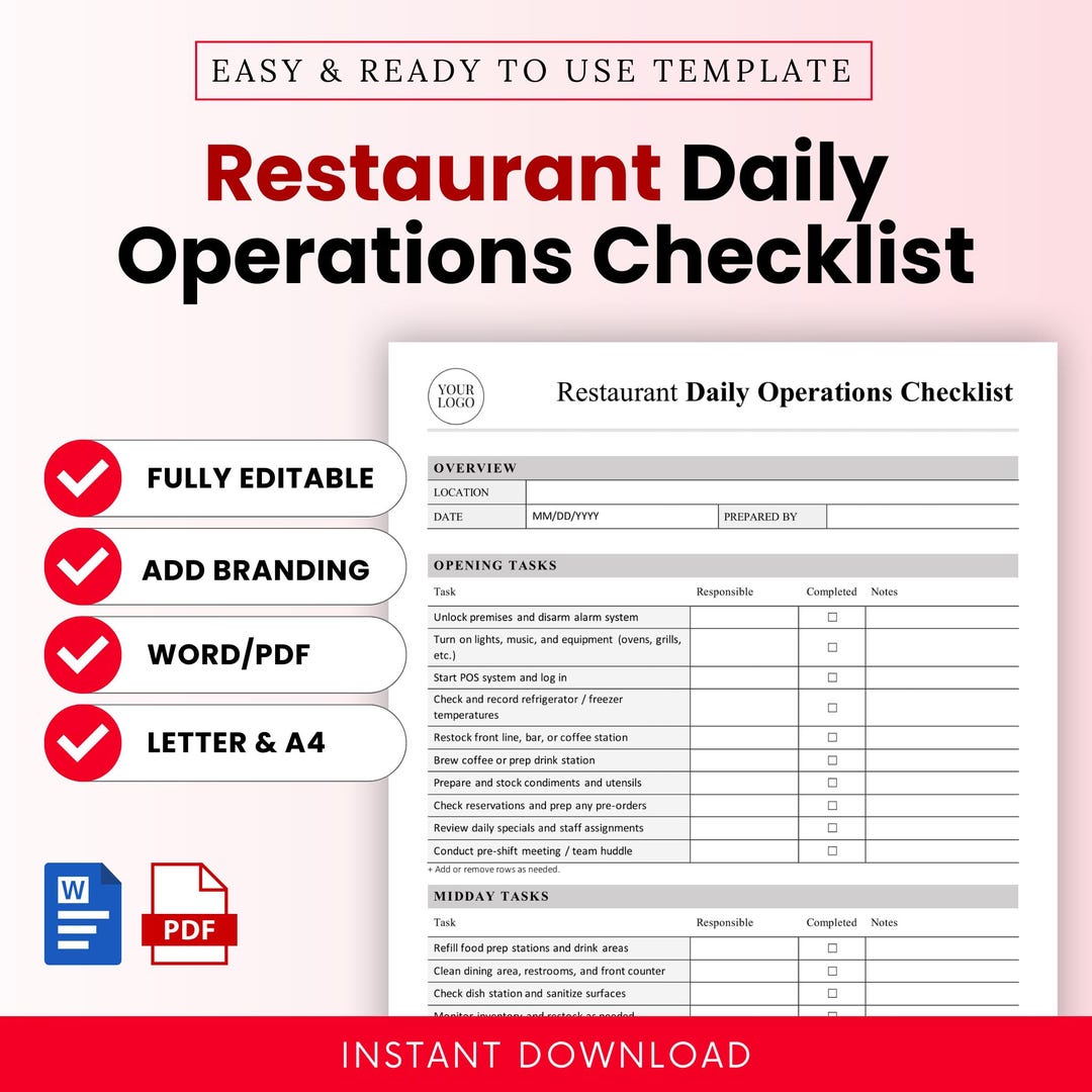 Restaurant Daily Operations Checklist Template – Word & PDF, A4 + US ...
