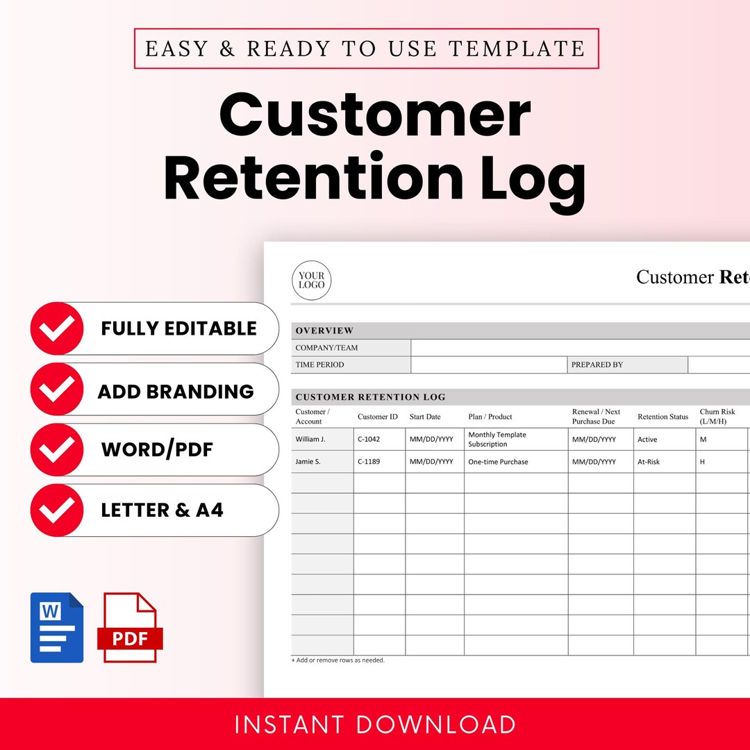Customer Retention Log Template – Word & PDF, A4 + US Letter - Etsy