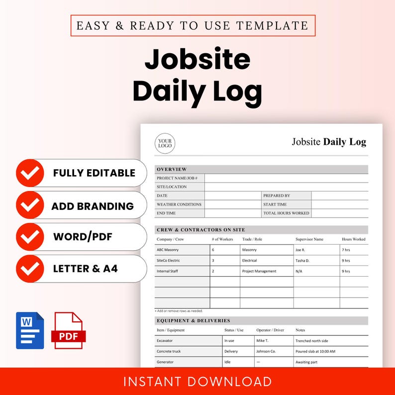 Jobsite Daily Log Template – Word & PDF, A4 + US Letter - Etsy