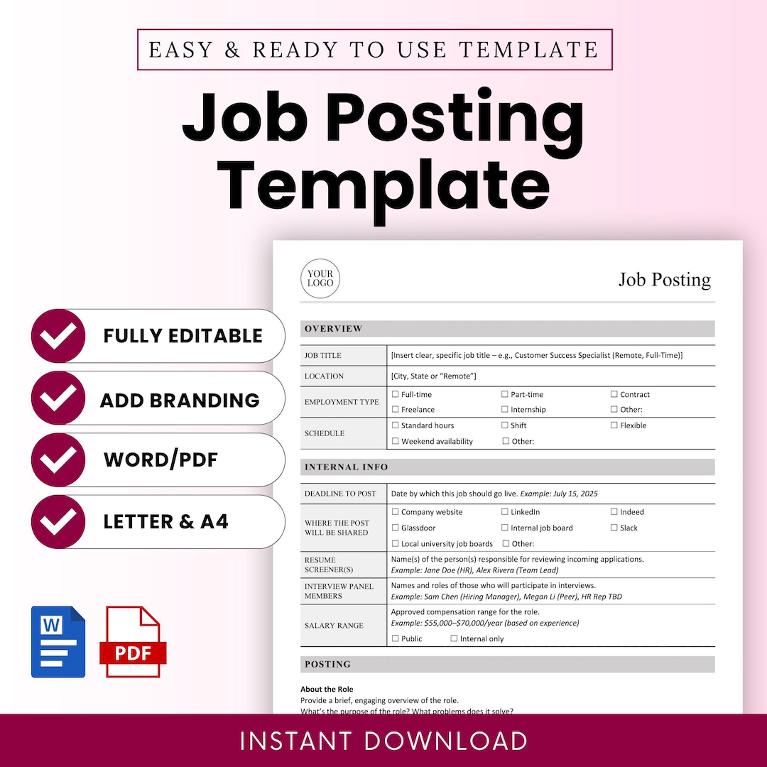 Job Posting Template (MS Word, Pdf) | Human Resources Template, Job ...