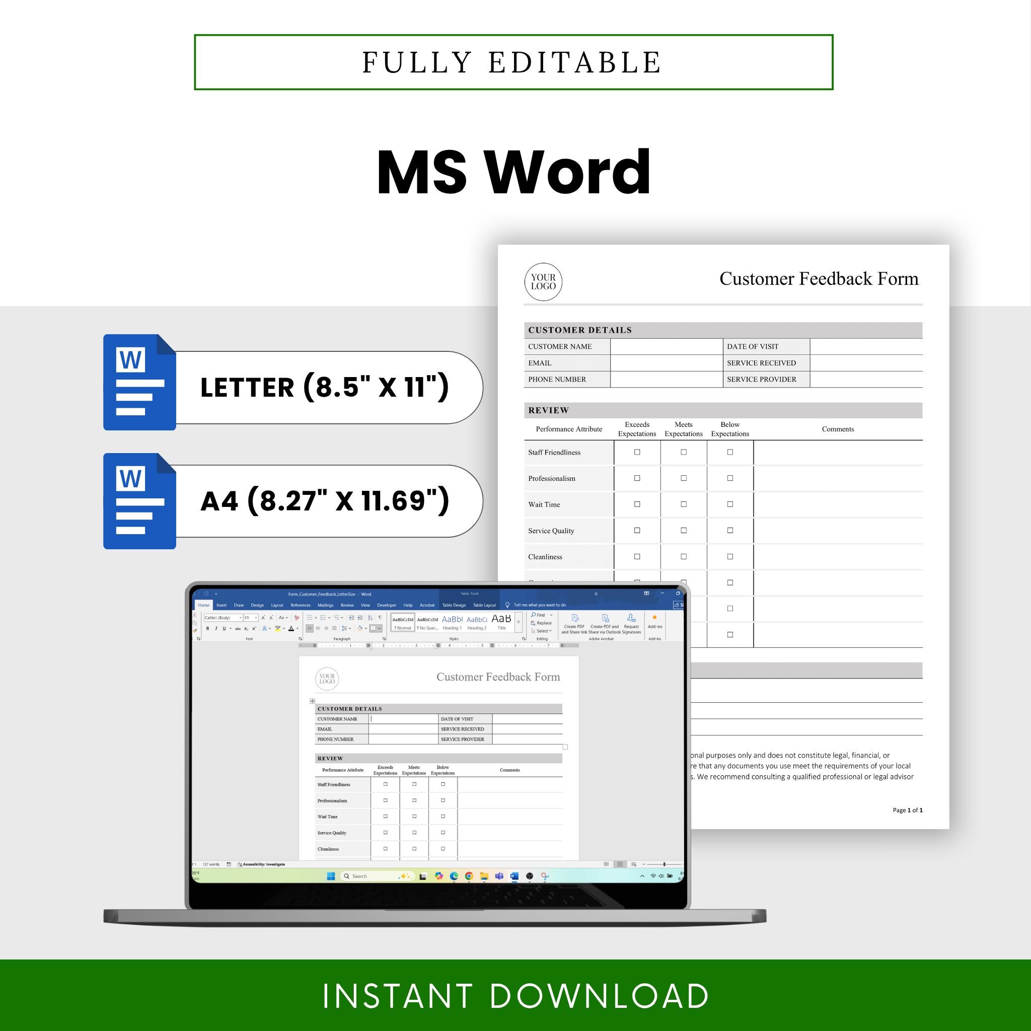 Simple Customer Feedback Form Template (word, PDF) | Customer Survey ...