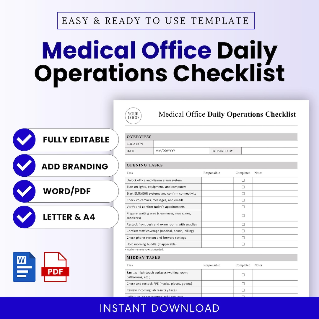 Medical Office Daily Operations Checklist Template – Word & PDF, A4 ...