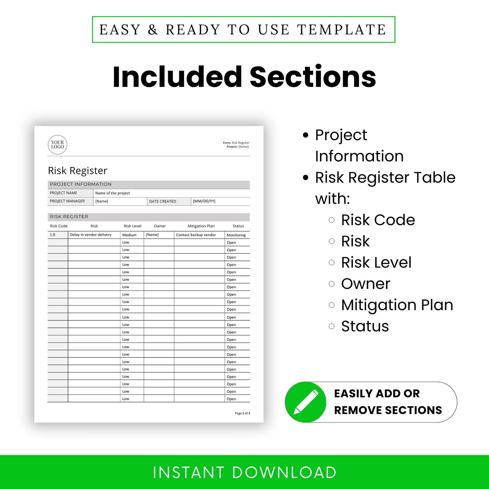 Simple Risk Register Template (word, PDF) | Project Management Template ...