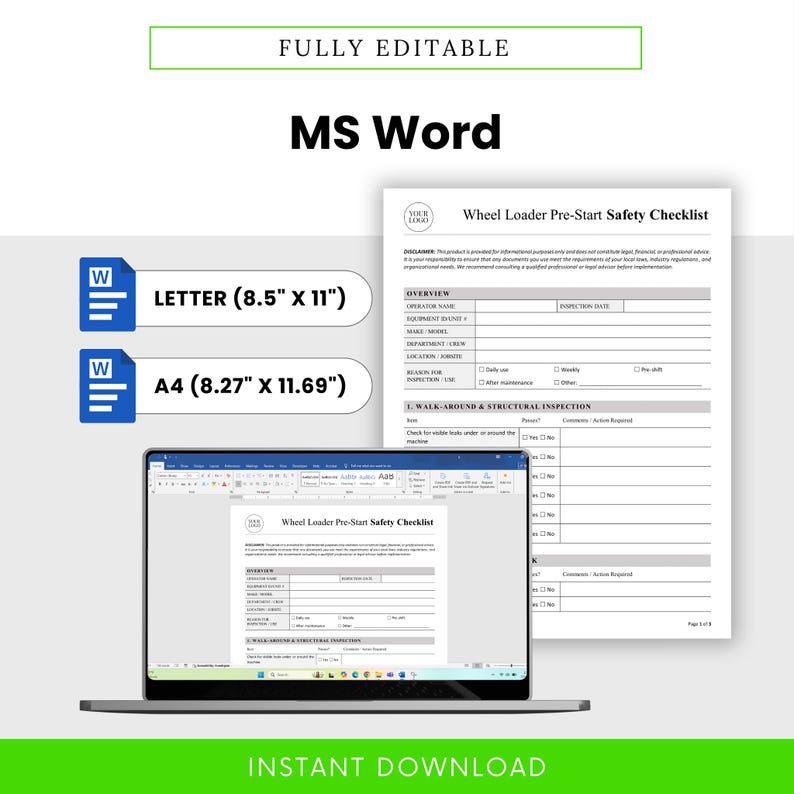 Wheel Loader Pre-start Safety Checklist Template – Word & PDF, A4 + US ...