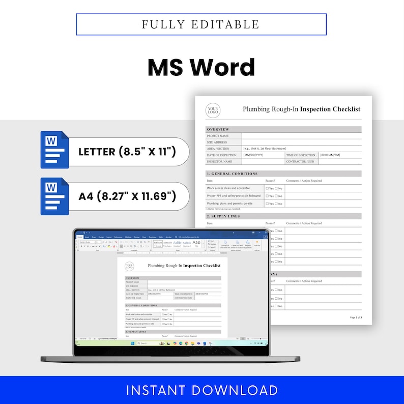 Plumbing Rough-in Inspection Checklist Template – Word & PDF, A4 + US ...