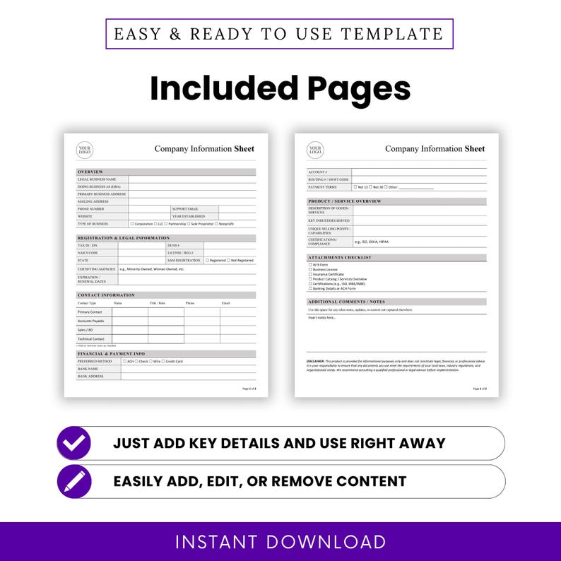 Company Information Sheet Template – Word & PDF, A4 + US Letter - Etsy