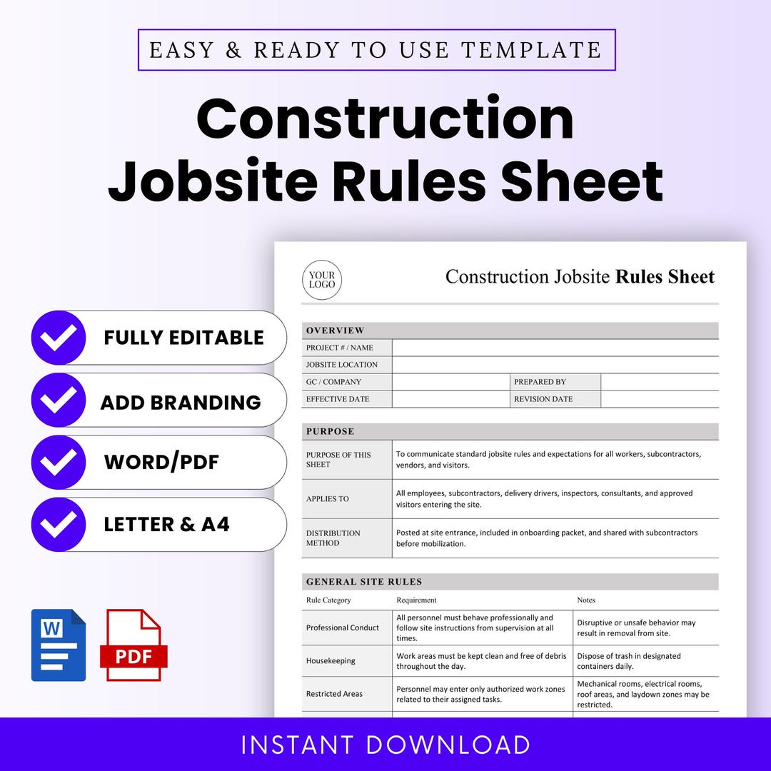 Construction Jobsite Rules Sheet Template – Word & PDF, A4 + US Letter ...
