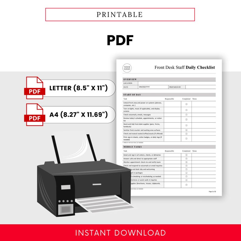 Front Desk Staff Daily Checklist Template – Word & PDF, A4 + US Letter ...