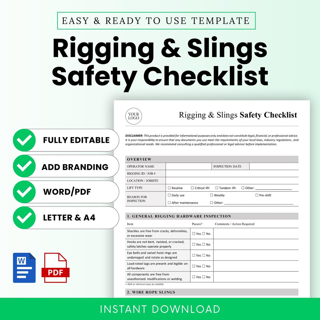 Rigging and Slings Safety Checklist Template – Word & PDF, A4 + US ...