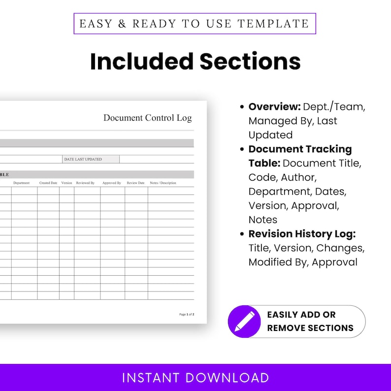 Simple Document Control Log Template - Word & PDF, A4 + US Letter - Etsy